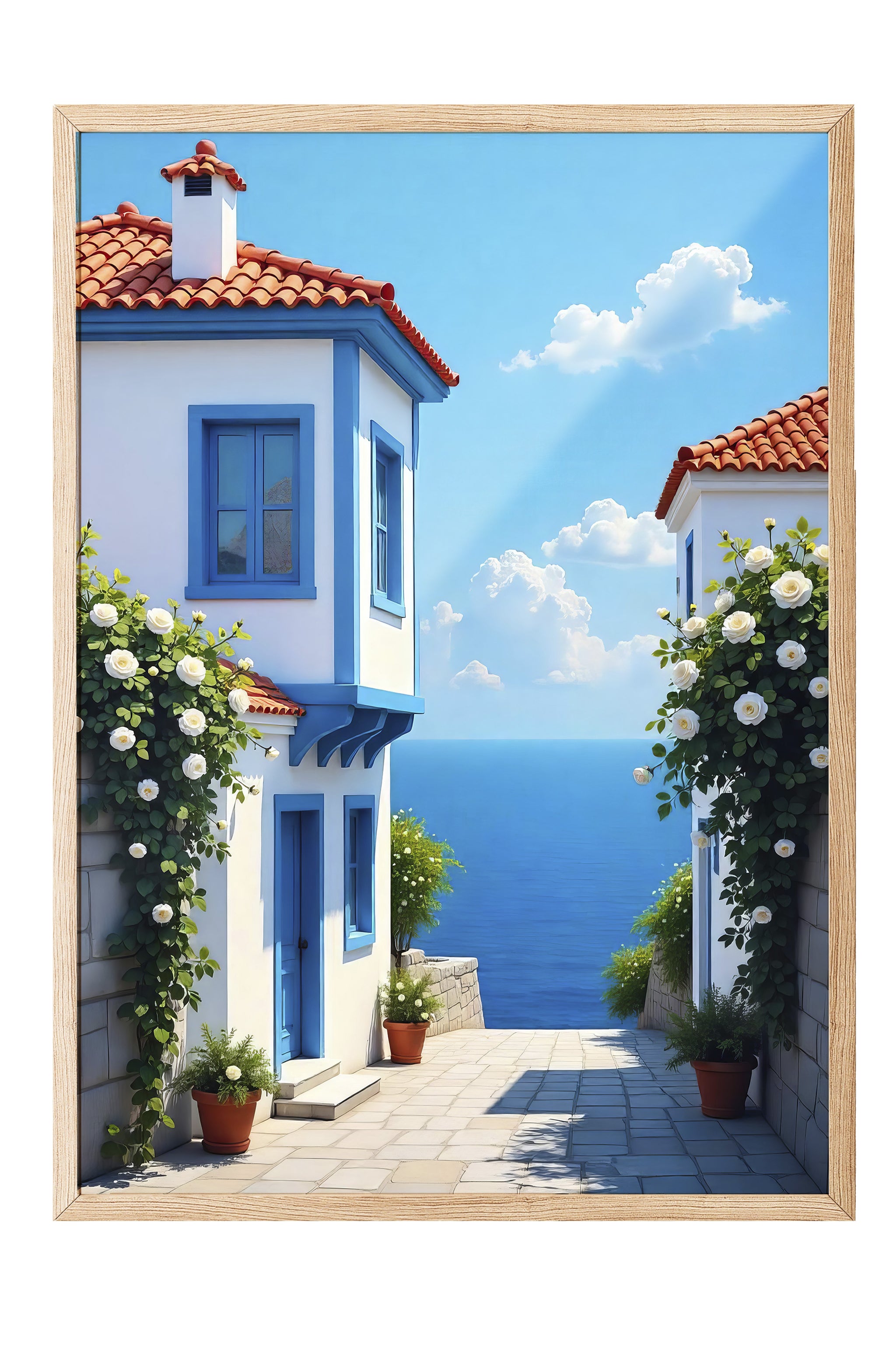 Ahşap Çerçeveli Tablo, Deniz Manzaralı Ev, Fotoğraf, Mavi Renk Poster,