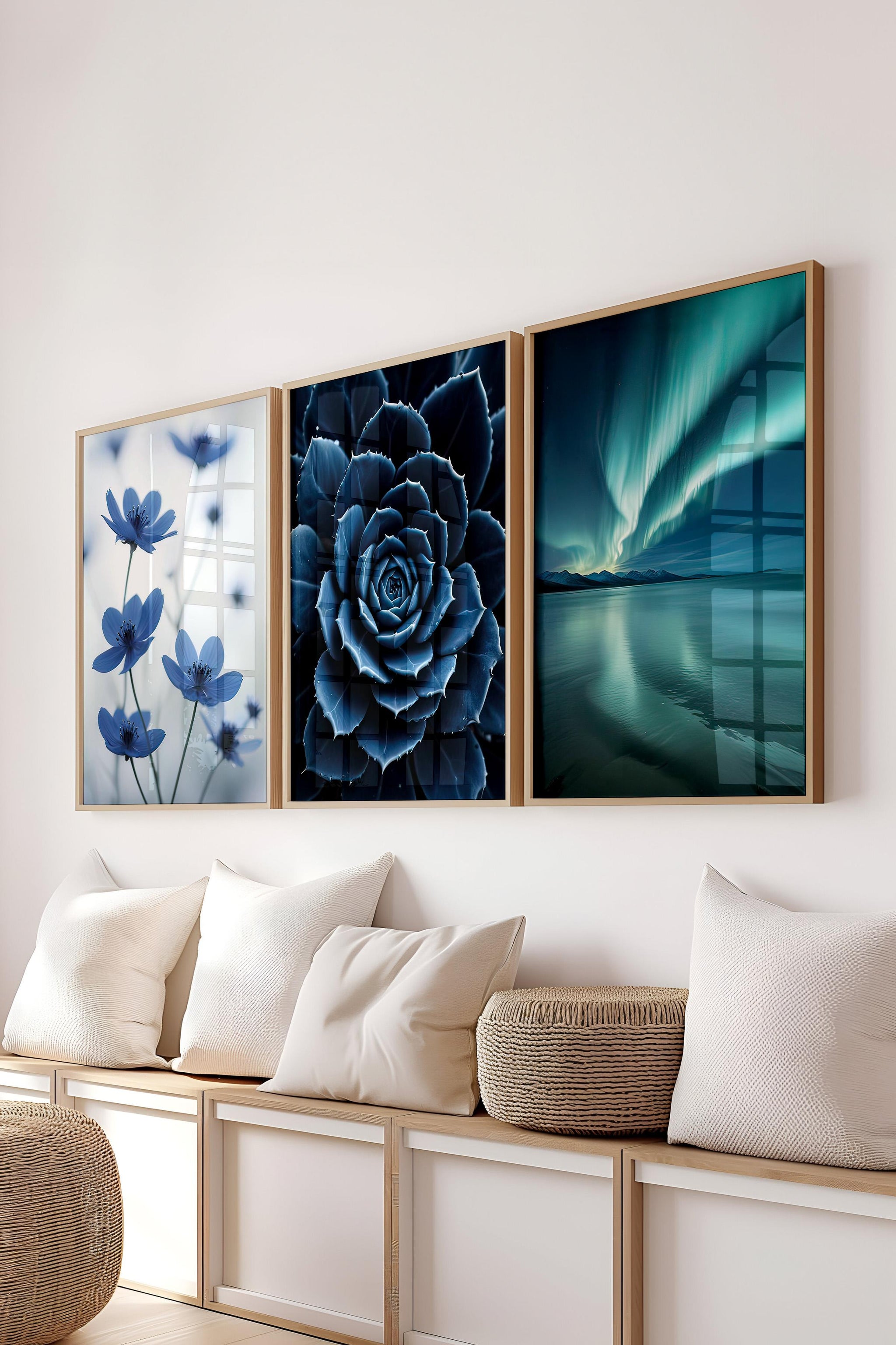 Ahşap Çerçeveli Tablo Seti, Soft Mavi Fotoğraf Duvar Tablosu, 3 Adet P