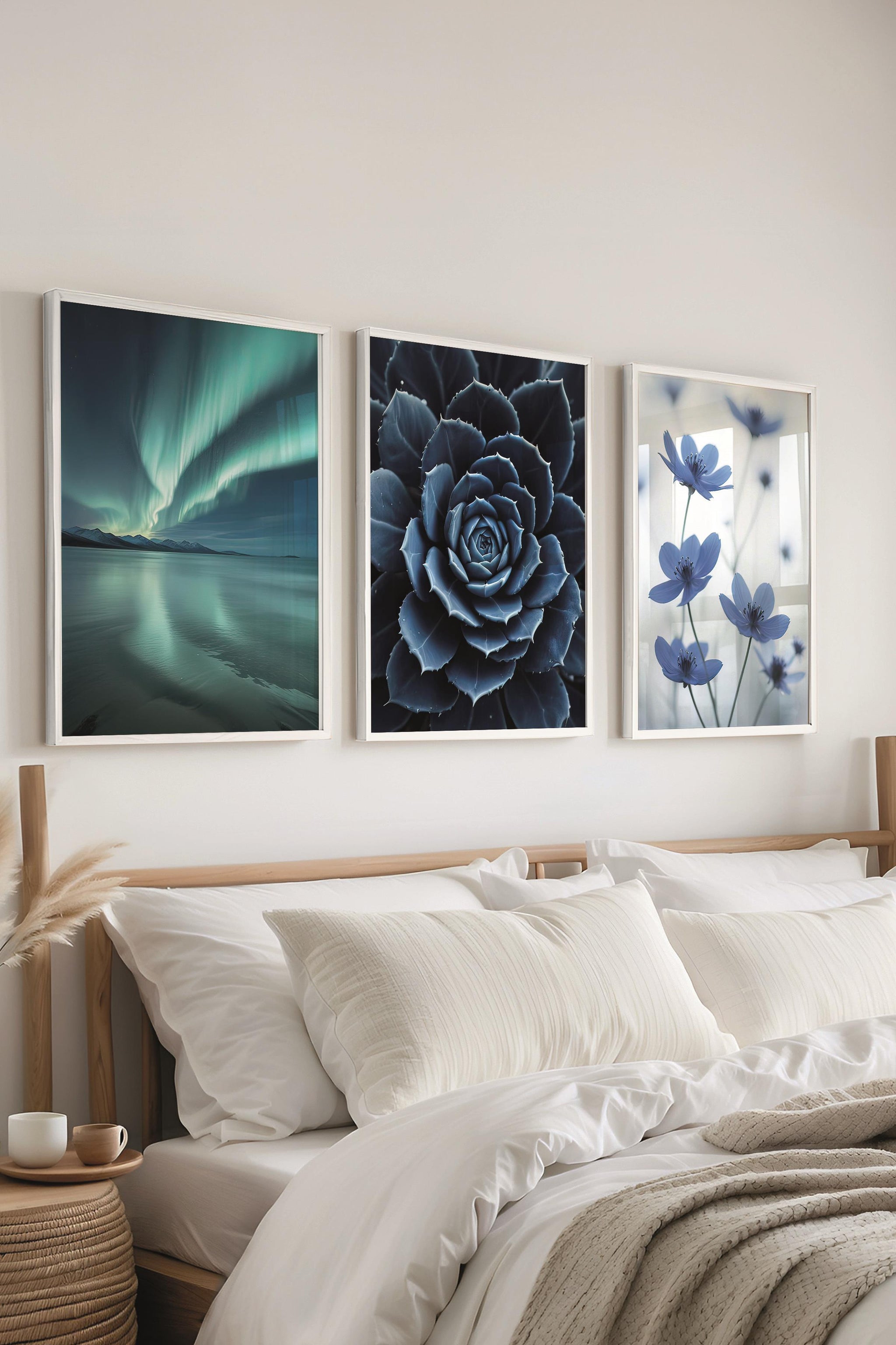 Beyaz Çerçeveli Tablo Seti, Soft Mavi Fotoğraf Duvar Tablosu, 3 Adet P