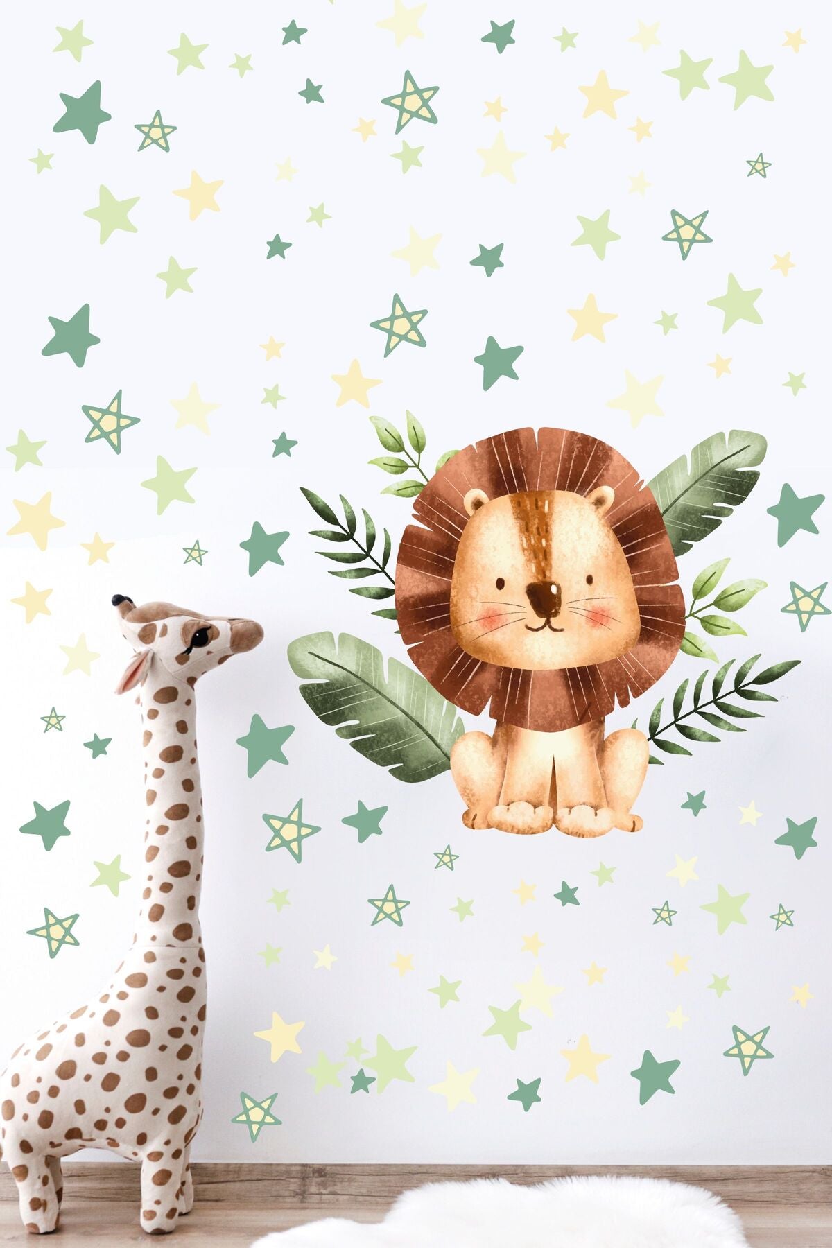Çocuk Bebek Odası Sticker Seti, Yeşil Aslan ve Doğa Temalı, Çocuk ve B