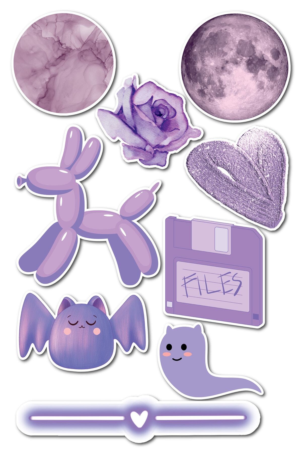Mor Temalı Sticker Seti - 9 Adet Etiket Seti- Telefon, Tablet, Defter