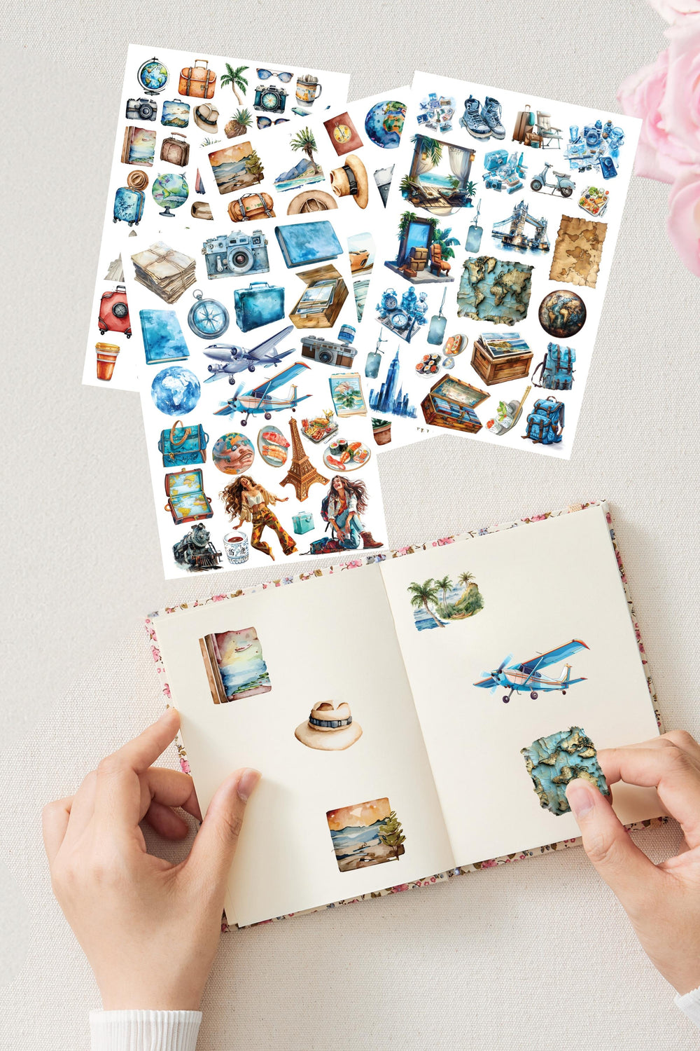 Sticker Defteri, 100 Adet Büyük Boy Sticker Etiket Seti, Mavi Gezi Pul