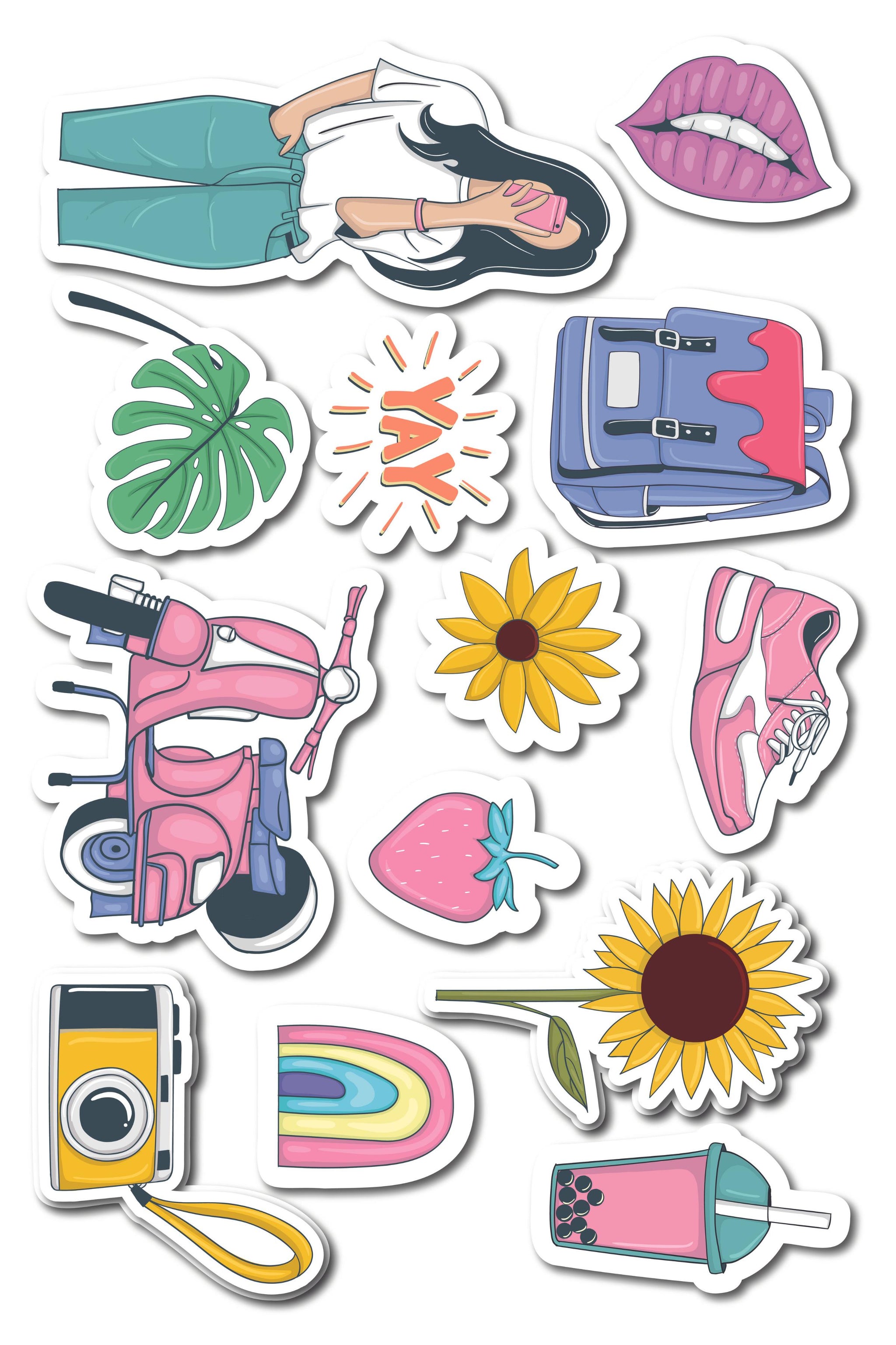 Yaz Sever Kız Temalı Sticker ve Etiket Seti - Orta Boy - Su Geçirmez,